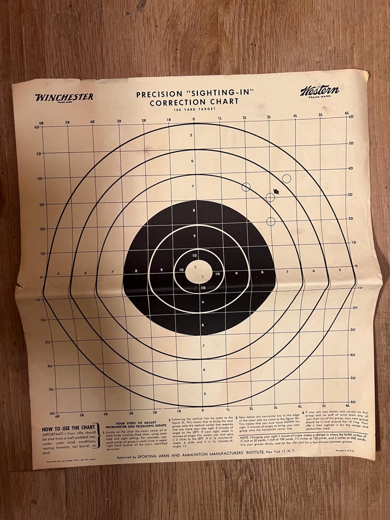 Vintage 1952 Winchester Western 100 Yard Sighting-in Chart 100 Yd ...