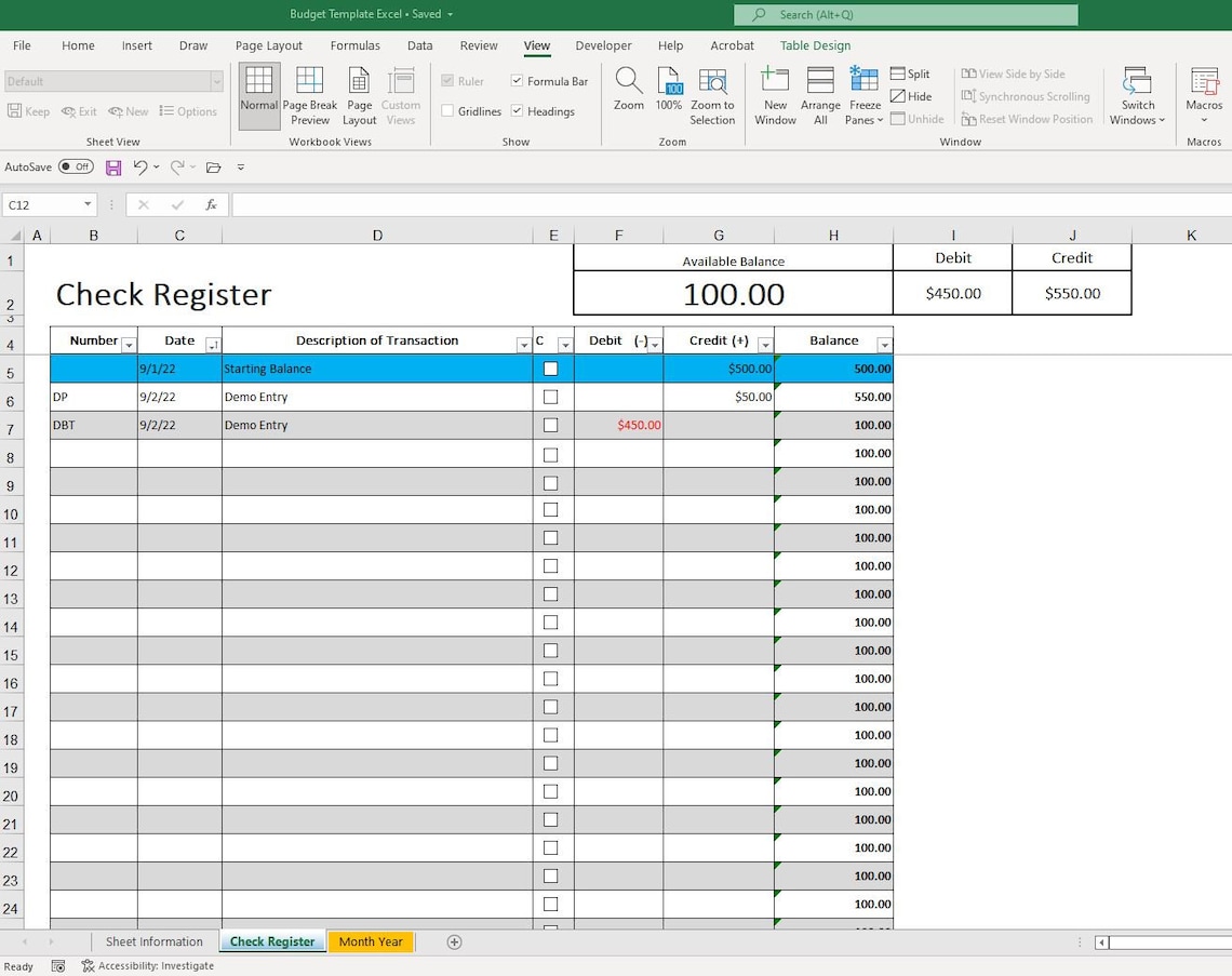 Budget Template- Check Register- Download for Excel - Etsy