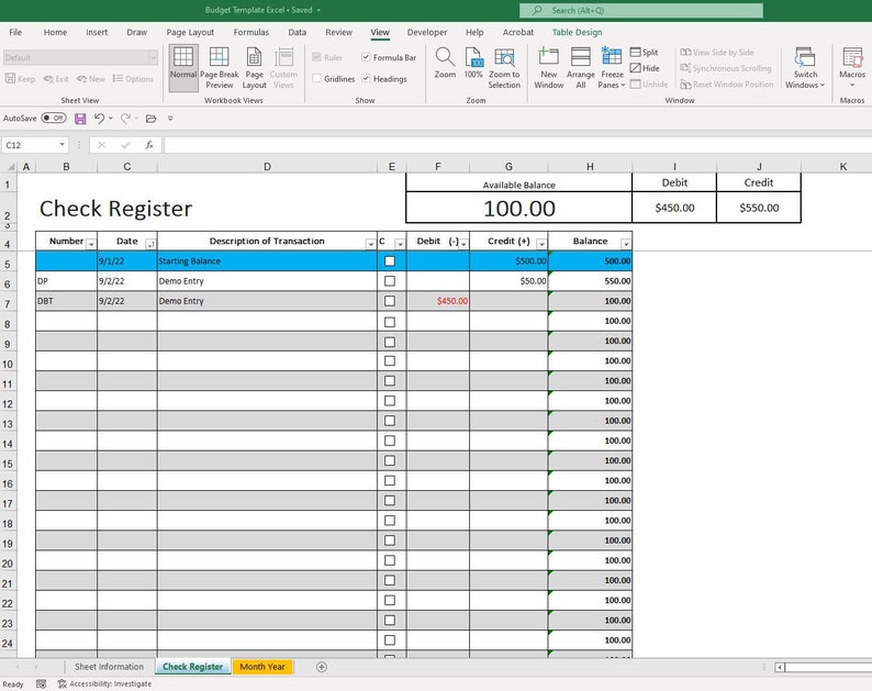 Budget Template- Check Register- Download for Excel - Etsy