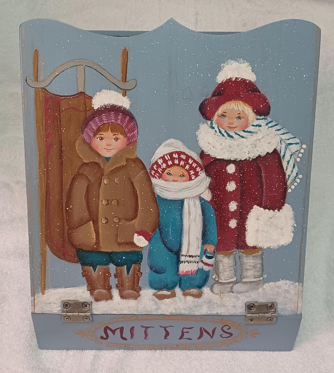 Hand-painted Wooden Winter Mittens Box – Snow Kids Artwork – Holiday ...
