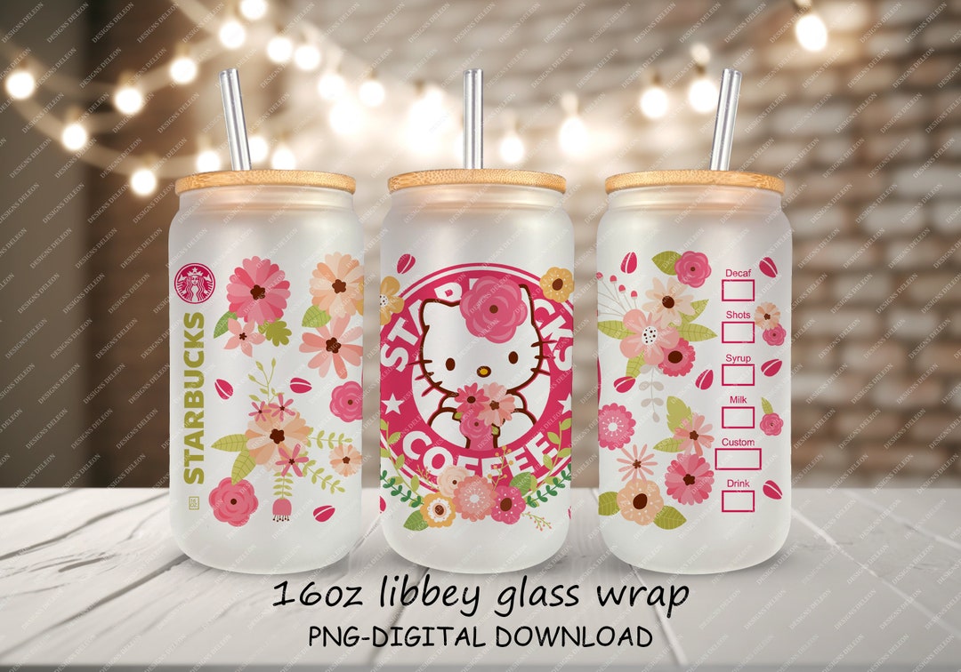 Hello Cat, Kitty, Blumen, 16 Unzen Libbey Glas Wrap, Sublimation Wrap ...