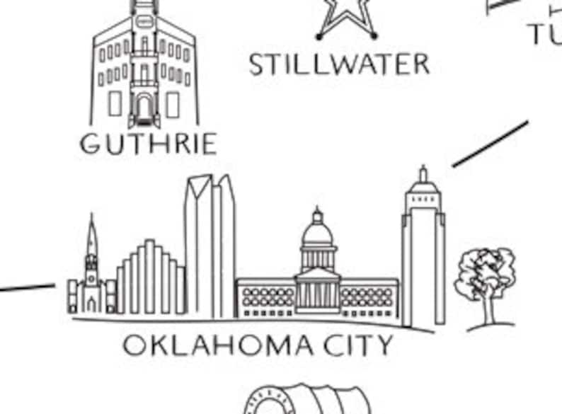Oklahoma State Map Art Print: Sketched City & Landmark Design - Etsy