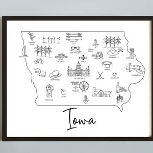 Sketched Print of Iowa - Map and Points of Interest - Etsy