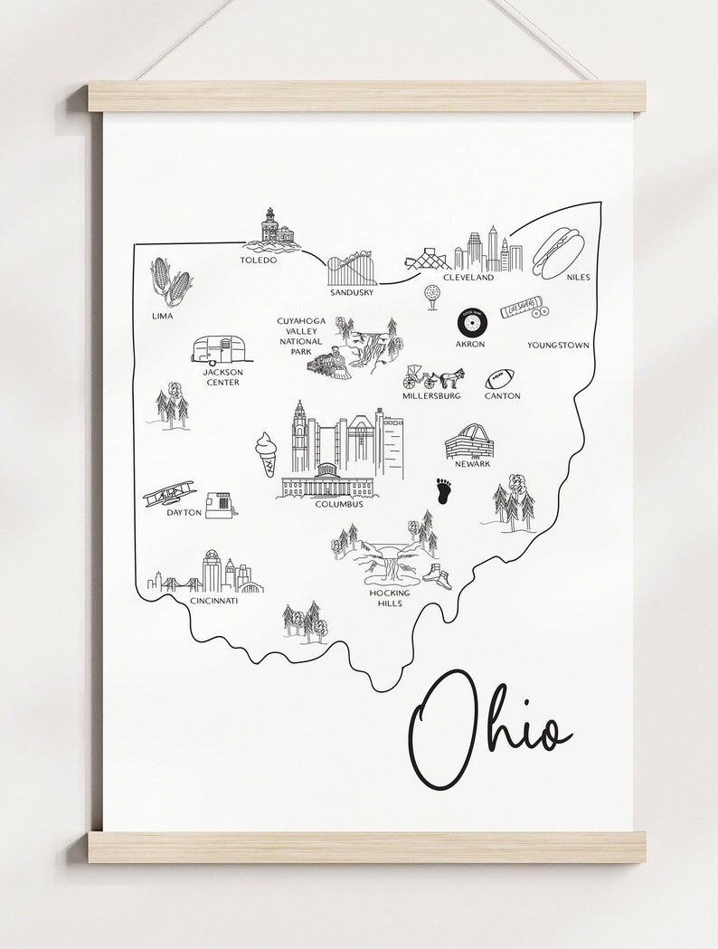 Sketched Drawing of Ohio Points of Interest Art Print - Etsy