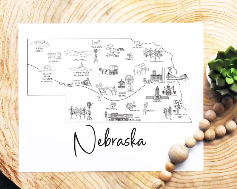 State of Nebraska Points of Interest Hand Sketched Print - Etsy