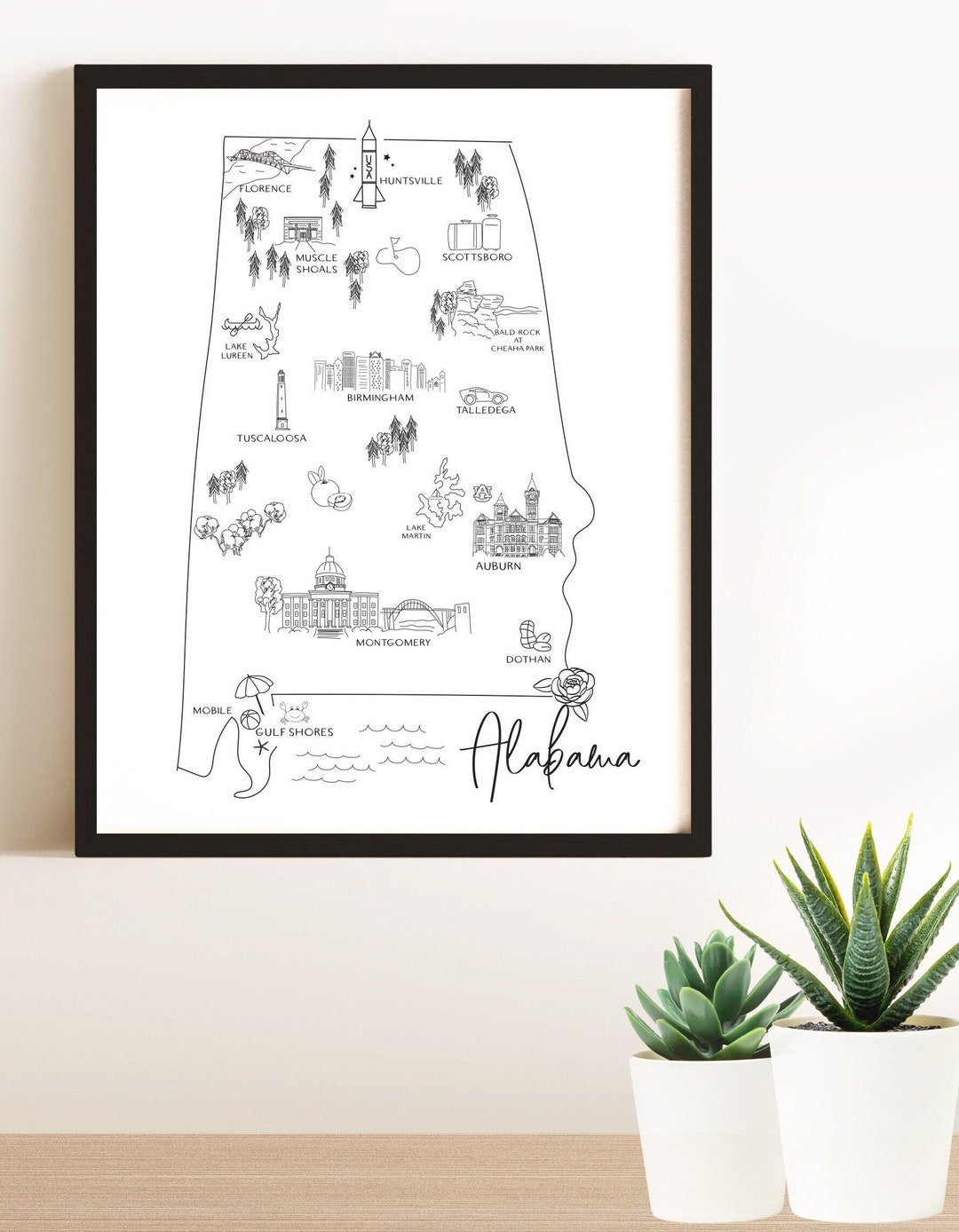 Sketched Alabama Map Art Print: State Landmarks - Etsy