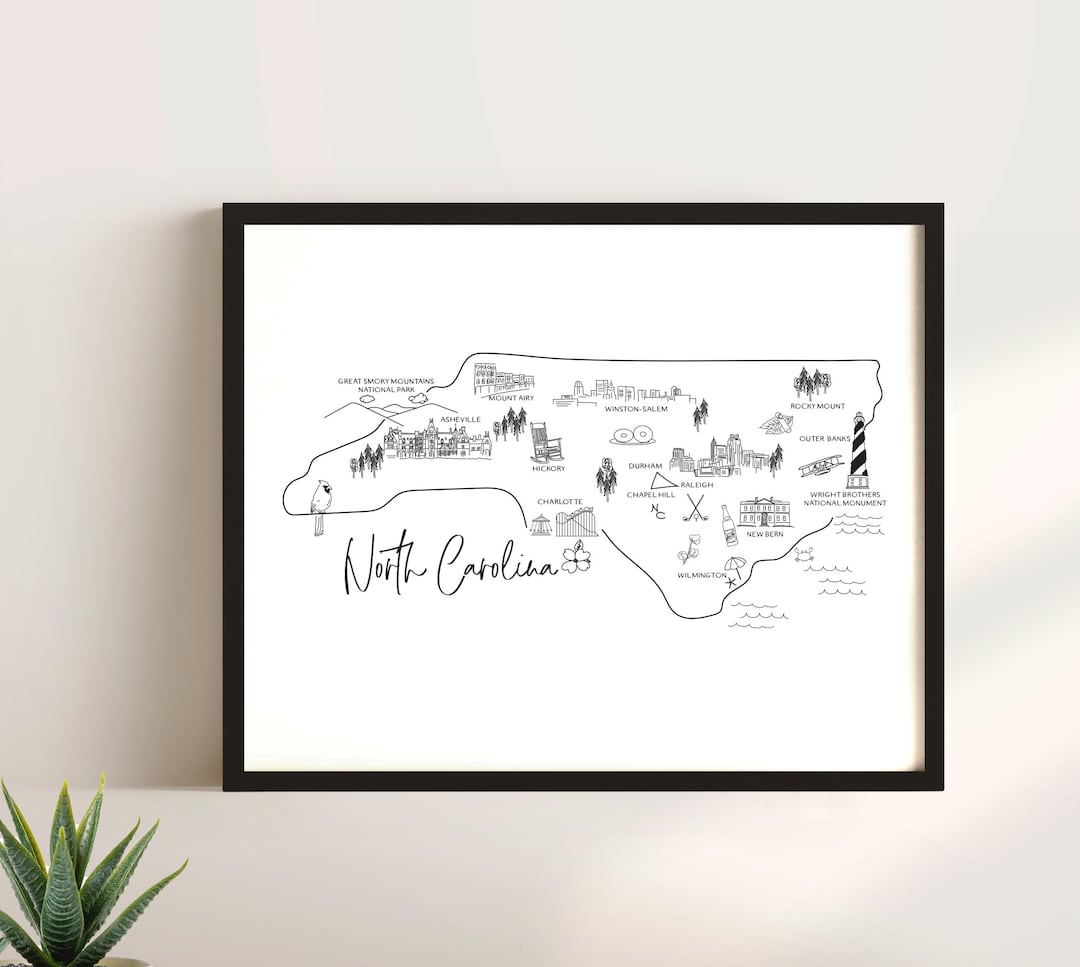 North Carolina Map Print: Hand-sketched NC Cities & Landmarks - Etsy