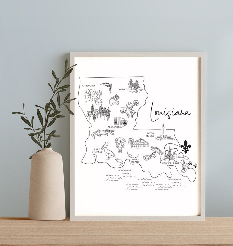 Sketched Map of Louisiana With Points of Interest - Etsy