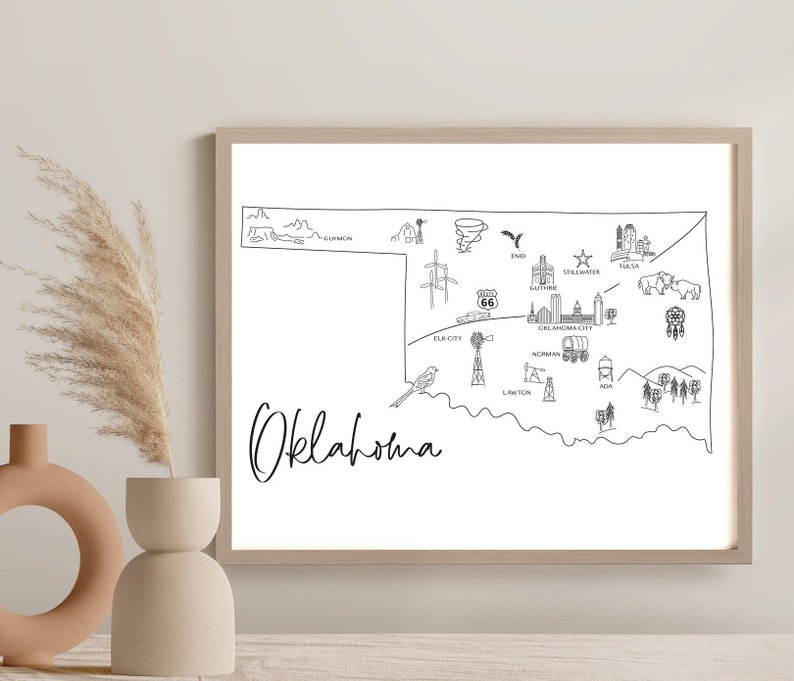 Oklahoma State Map Art Print: Sketched City & Landmark Design - Etsy