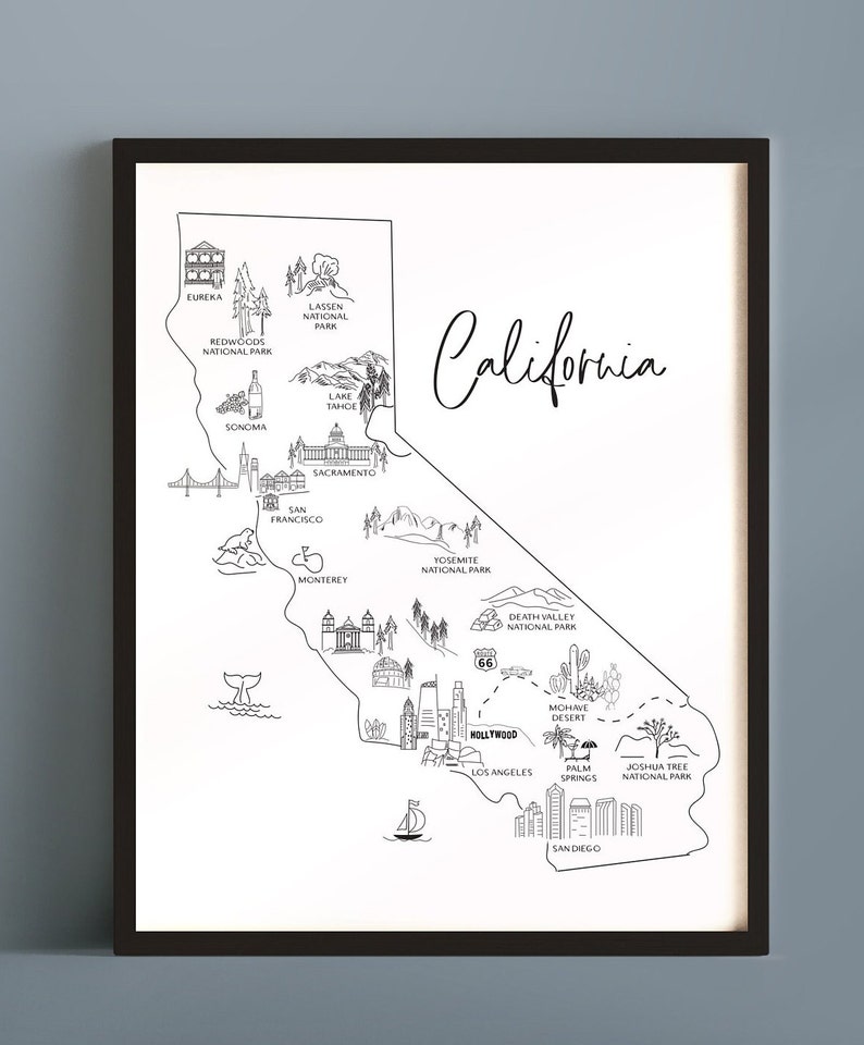 Sketched Map of the State of California With Points of Interest - Etsy