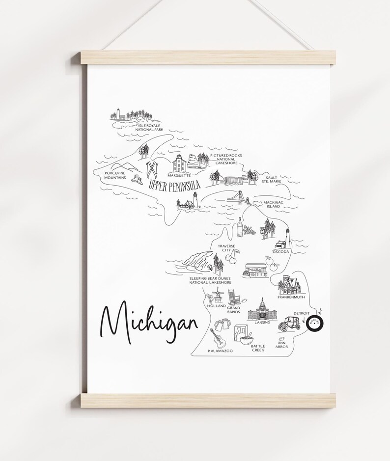 Sketched Drawing of Michigan Points of Interest Map Art Print - Etsy