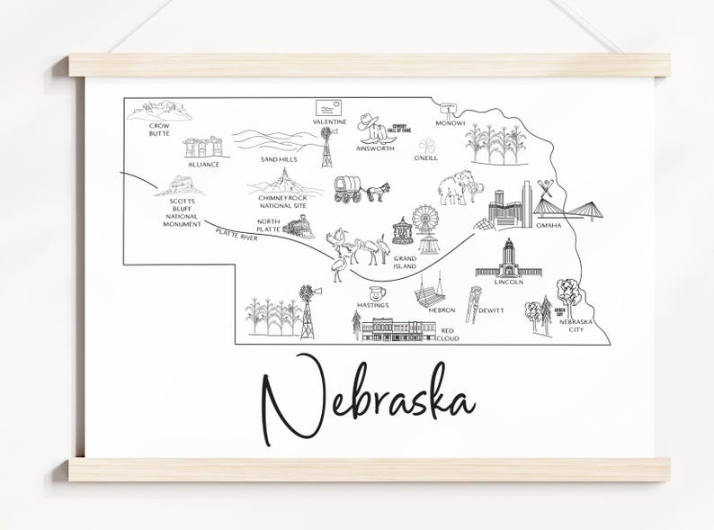 State of Nebraska Points of Interest Hand Sketched Print - Etsy