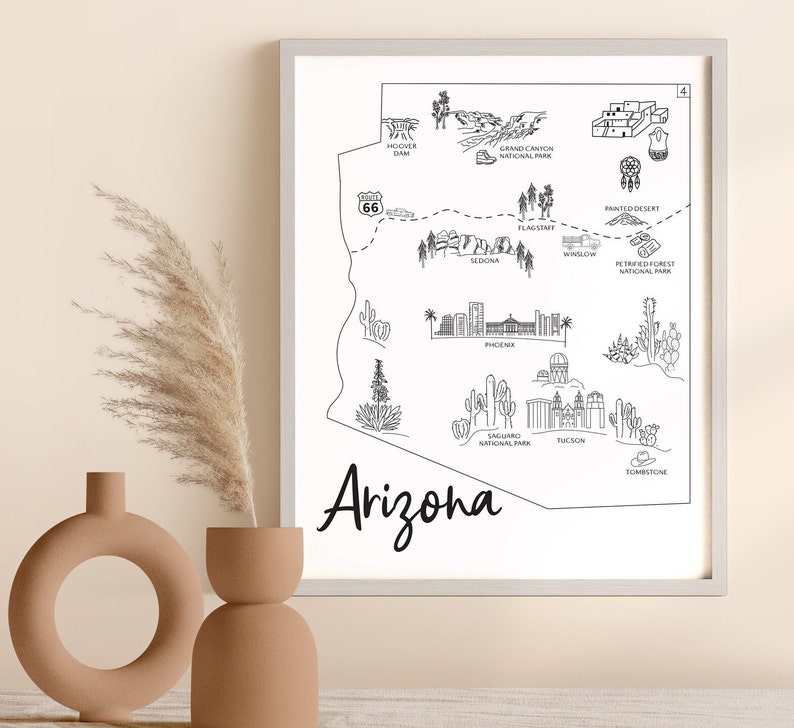 Sketched Map of the State of Arizona With Cities and Points of Interest ...