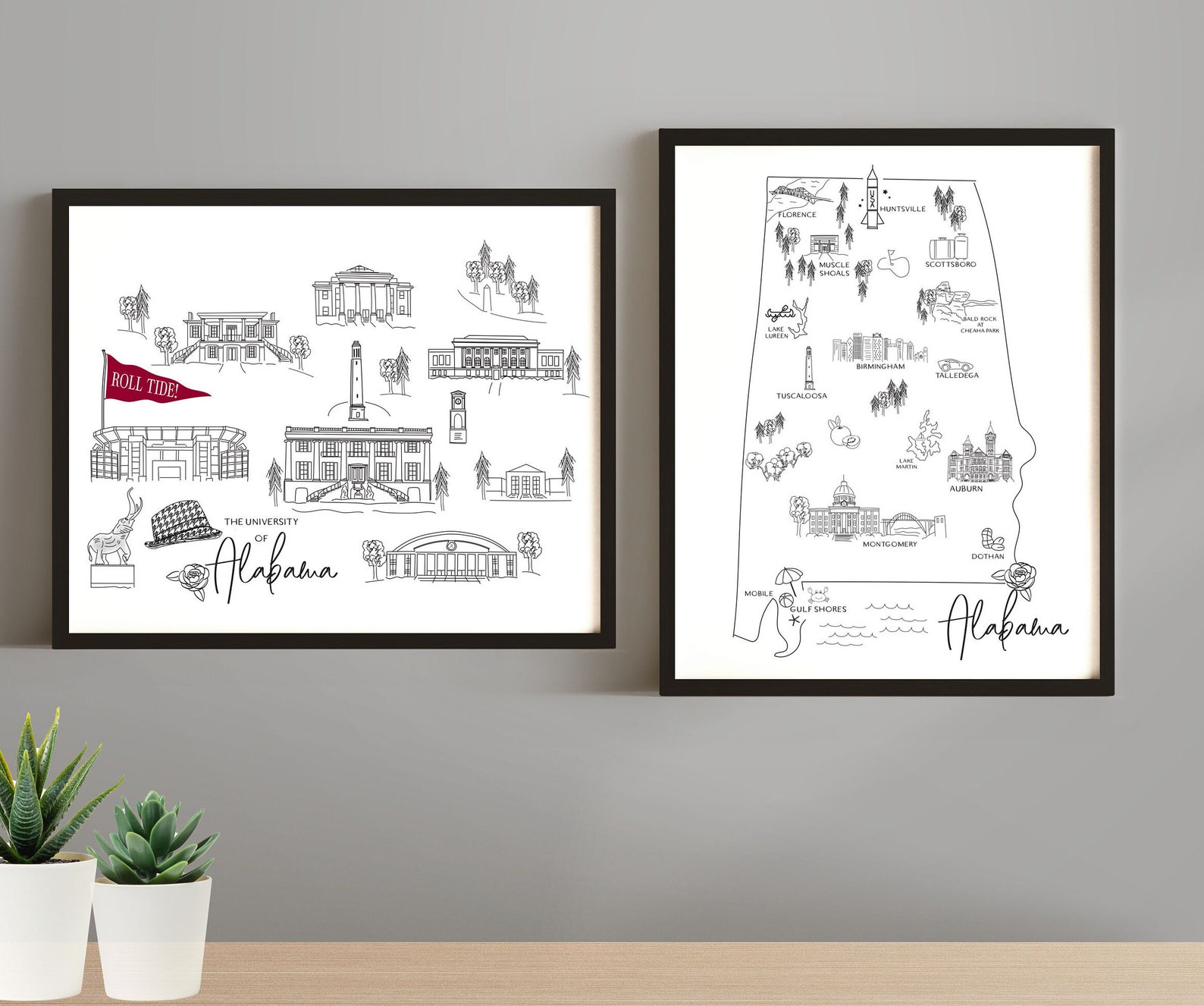 Sketched Alabama Map Art Print: State Landmarks - Etsy