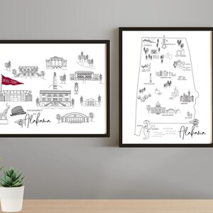 Sketched Alabama Map Art Print: State Landmarks - Etsy