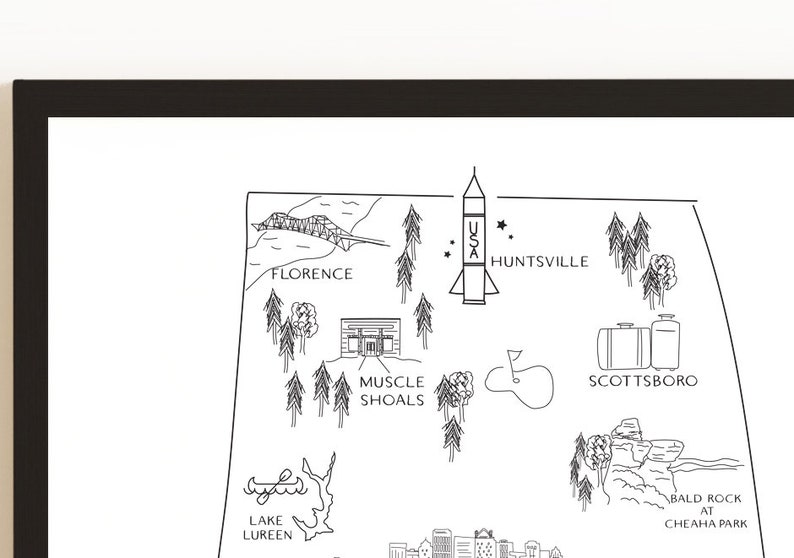 Sketched Alabama Map Art Print: State Landmarks - Etsy