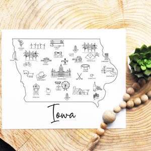 Sketched Print of Iowa - Map and Points of Interest - Etsy