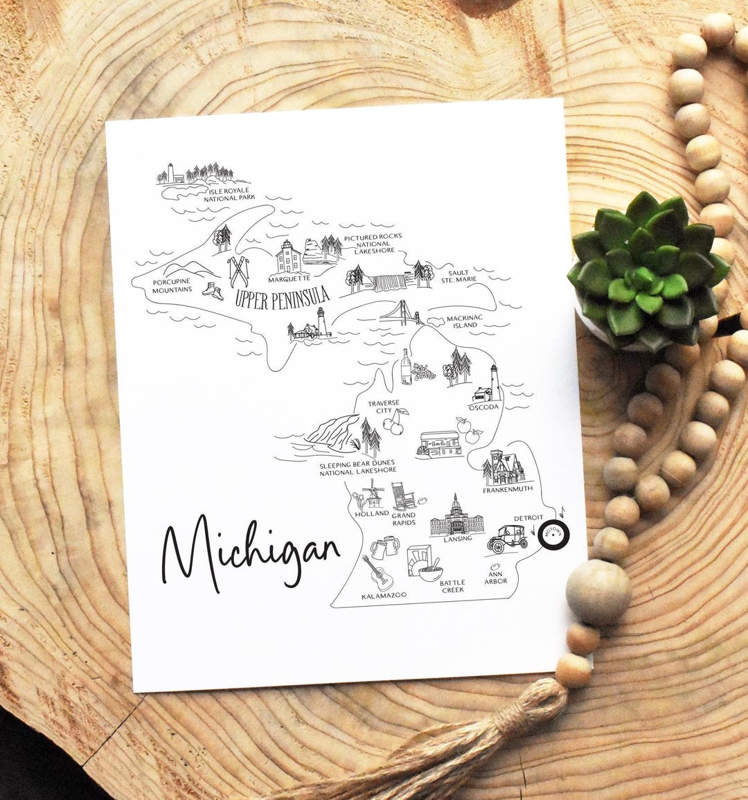 Sketched Drawing of Michigan Points of Interest Map Art Print - Etsy