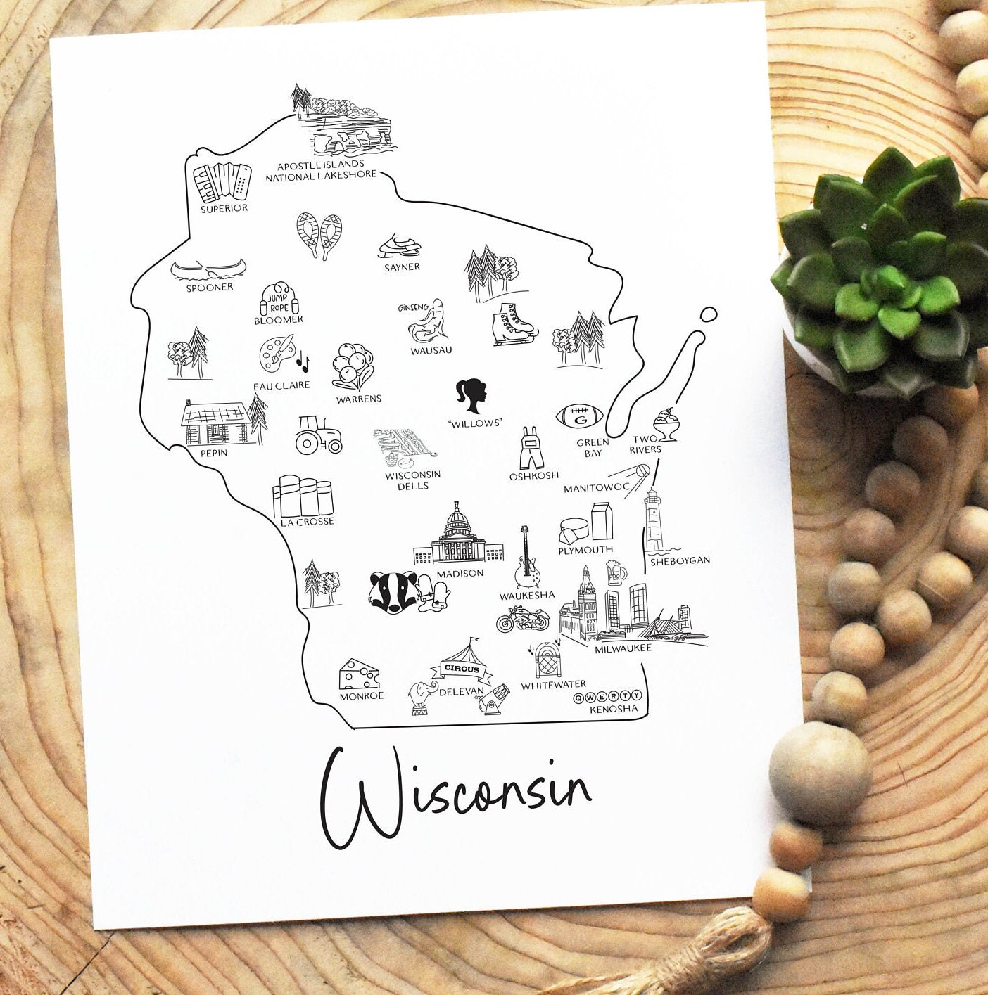 Sketch Print of Wisconsin - Map and Points of Interest - Etsy