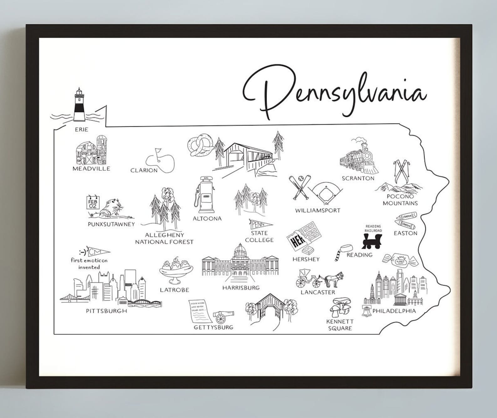 Sketched Print of the Map of Pennsylvania With Points of Interest and ...