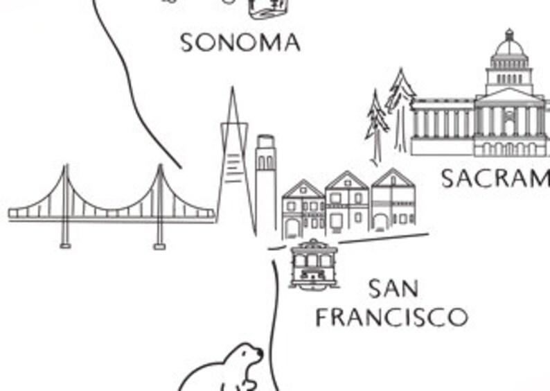 Sketched Map of the State of California With Points of Interest - Etsy