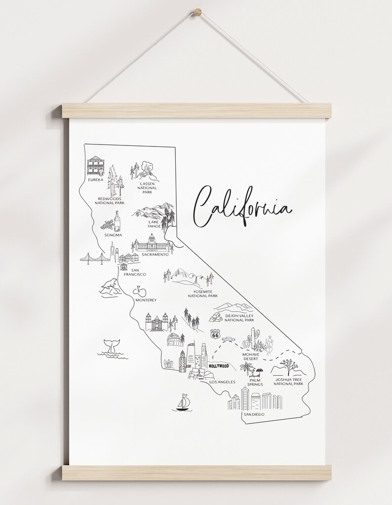 Sketched Map of the State of California With Points of Interest - Etsy