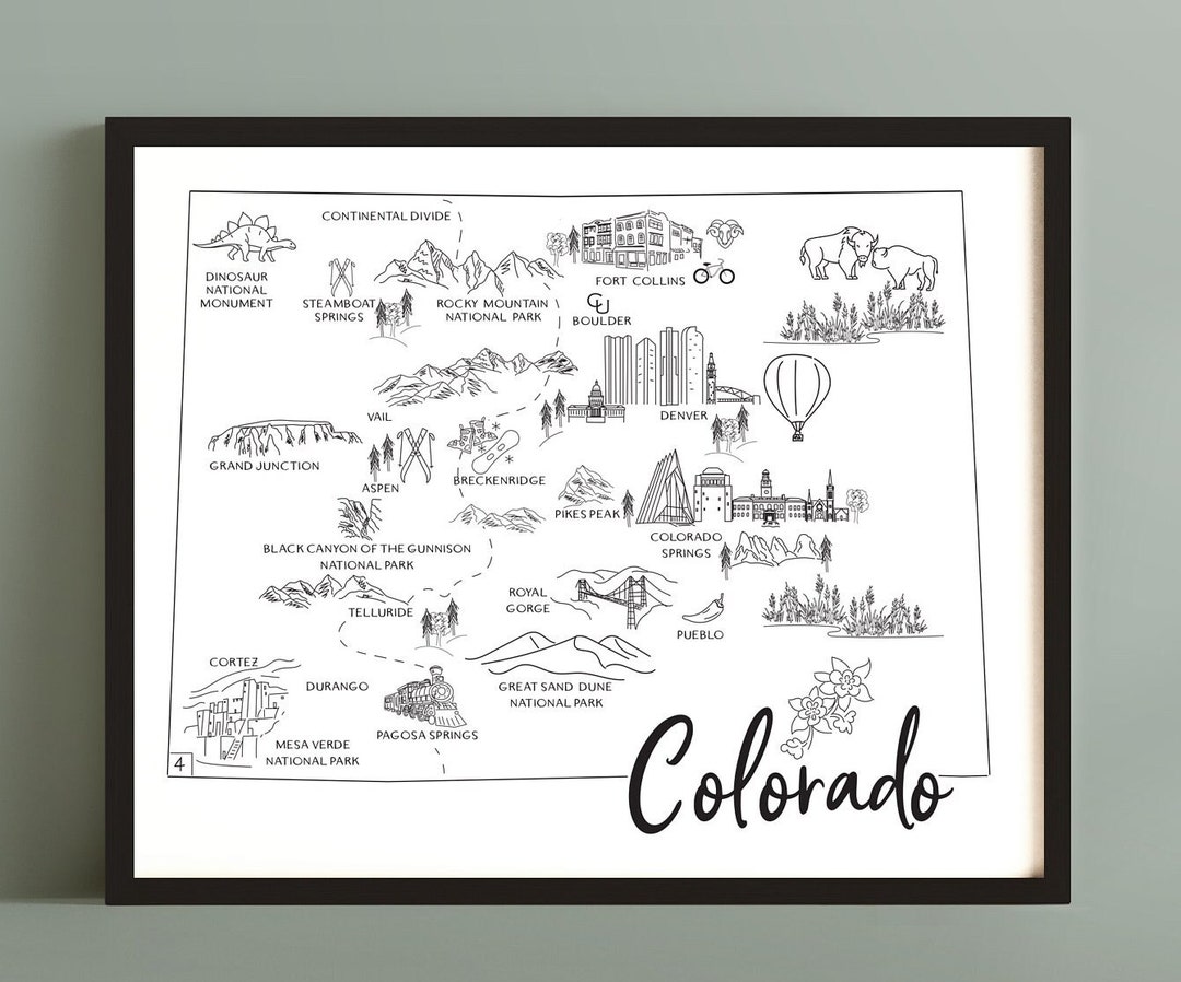 Sketched Map of the State of Colorado With Points of Interest - Etsy