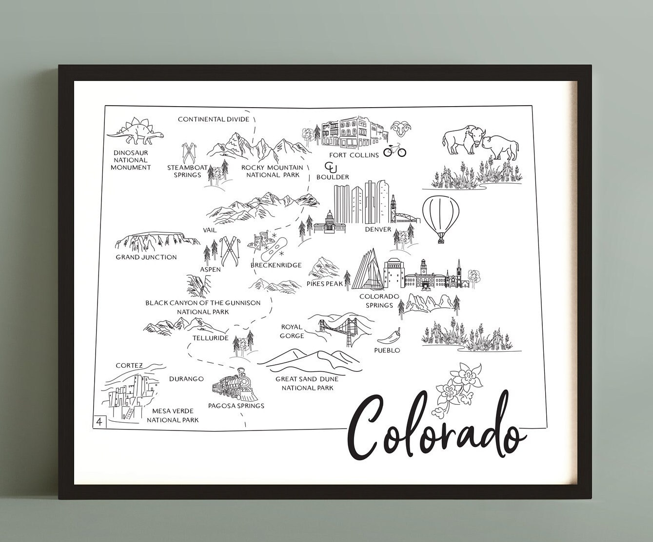 Sketched Map of the State of Colorado With Points of Interest - Etsy