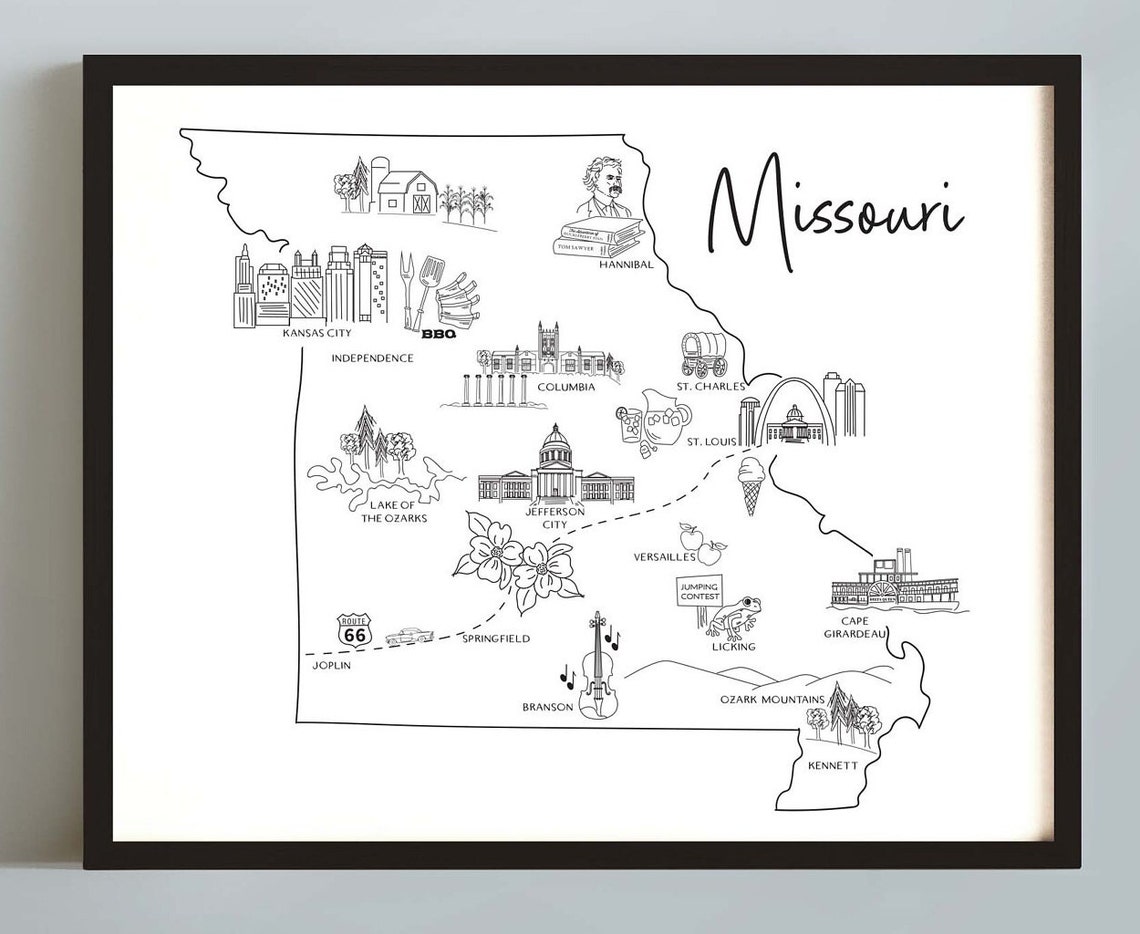 Missouri Map Art Print: Hand-sketched State Landmarks - Etsy