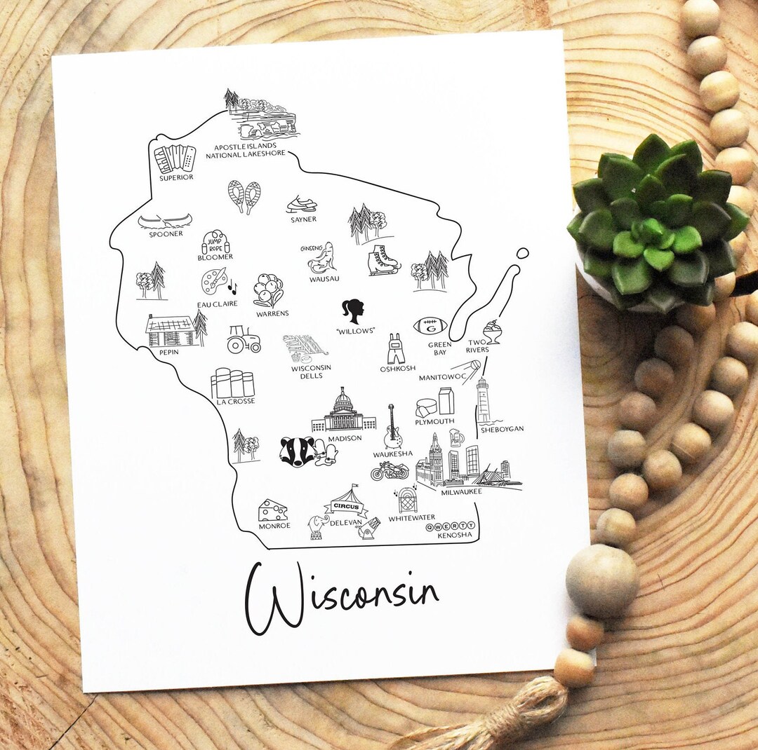 Sketch Print of Wisconsin - Map and Points of Interest - Etsy