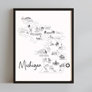 Sketched Drawing of Michigan Points of Interest Map Art Print - Etsy