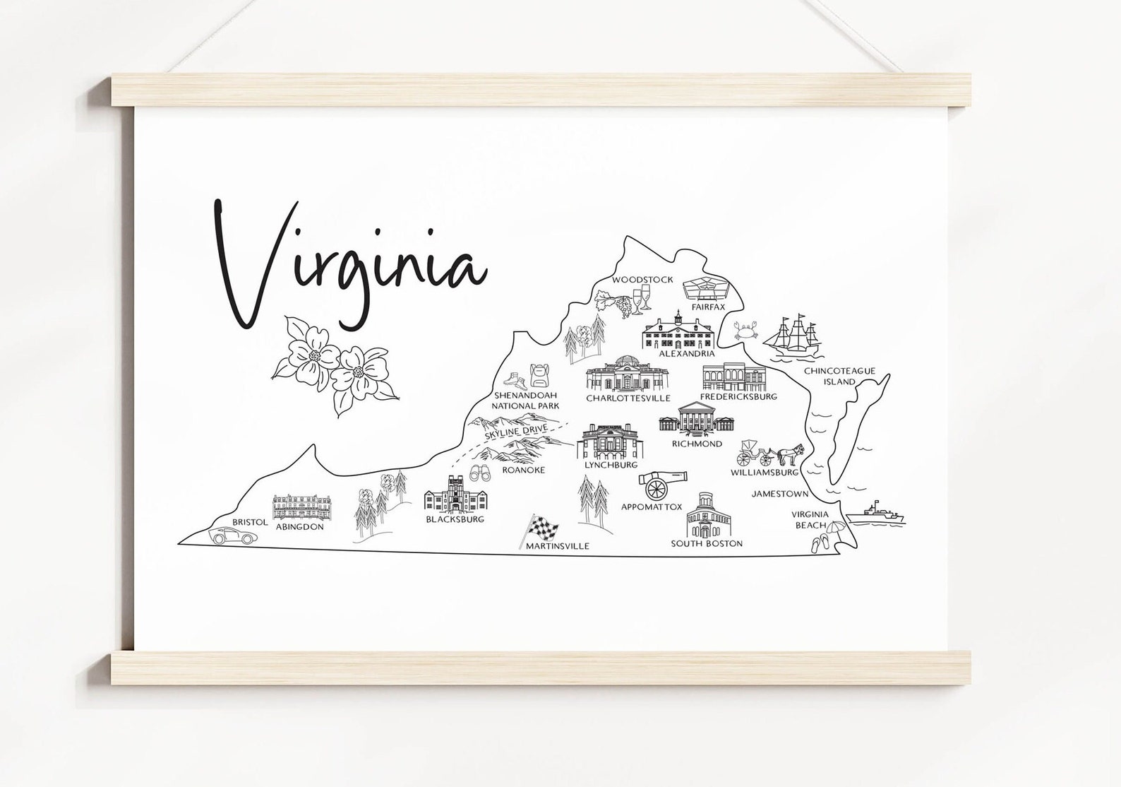 Sketch Print of Virginia - Map and Points of Interest - Etsy
