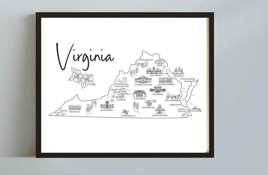 Sketch Print of Virginia - Map and Points of Interest - Etsy