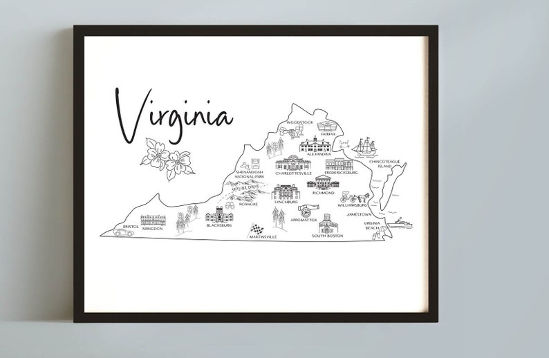 Sketch Print of Virginia - Map and Points of Interest - Etsy
