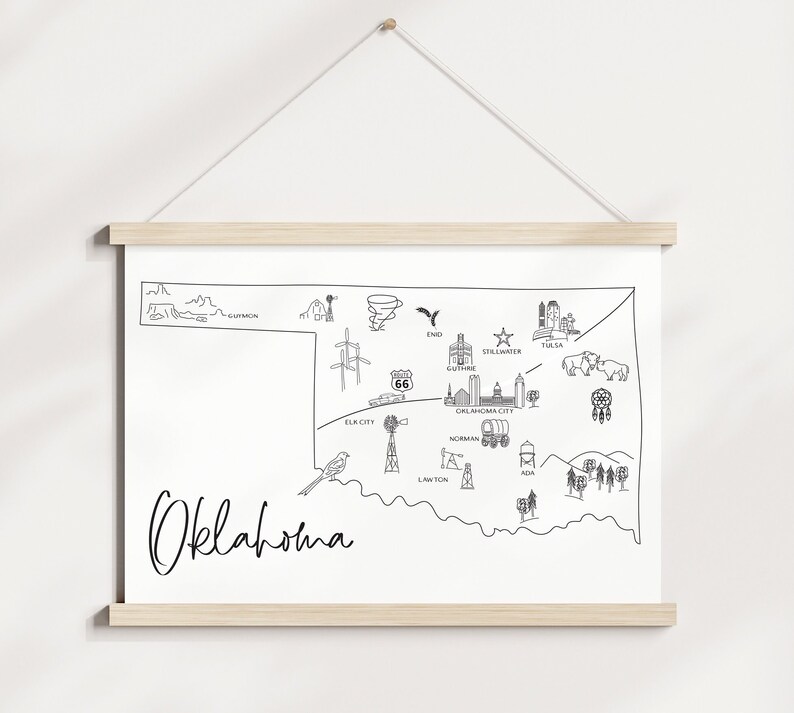 Oklahoma State Map Art Print: Sketched City & Landmark Design - Etsy