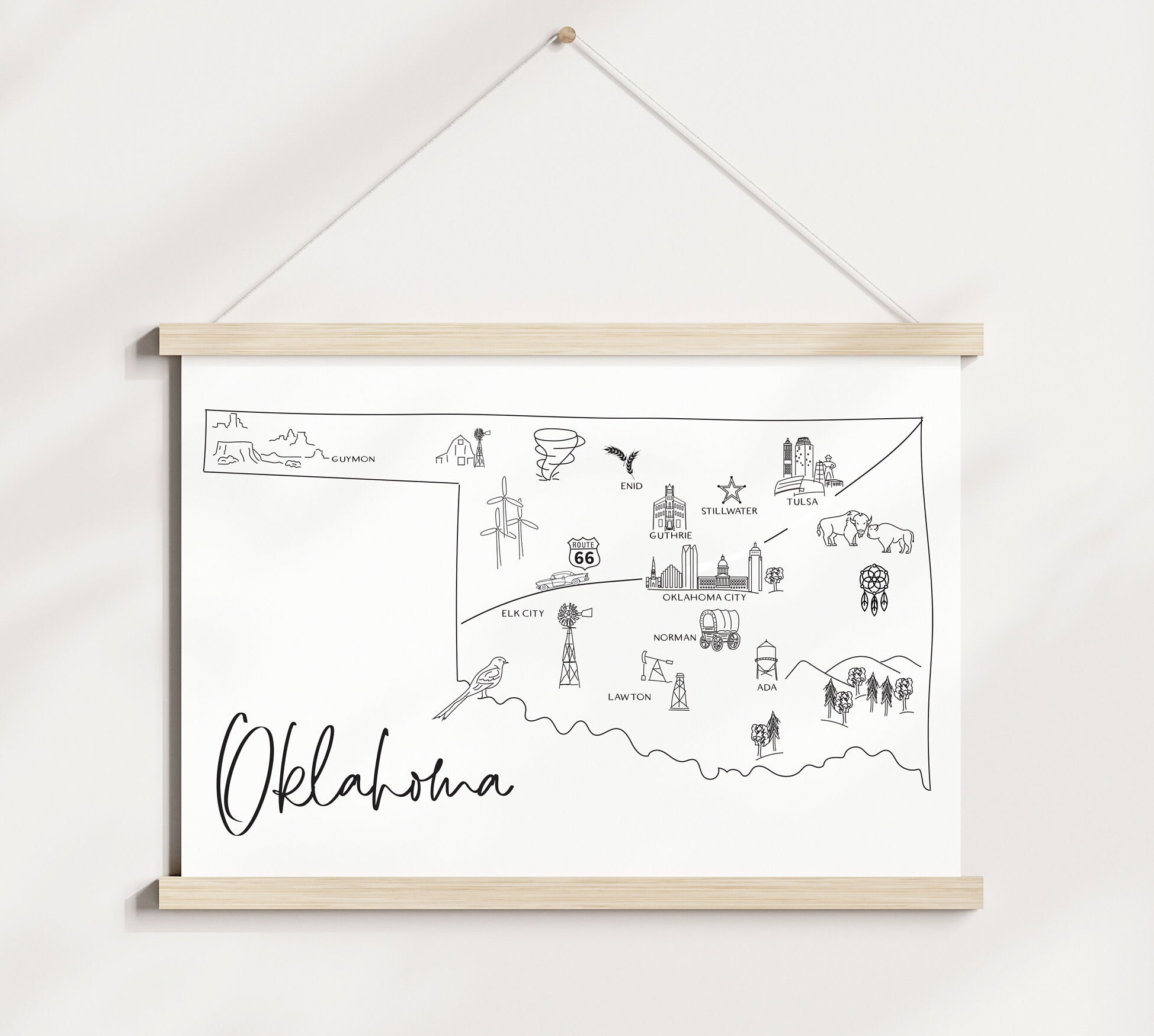 Oklahoma State Map Art Print: Sketched City & Landmark Design - Etsy