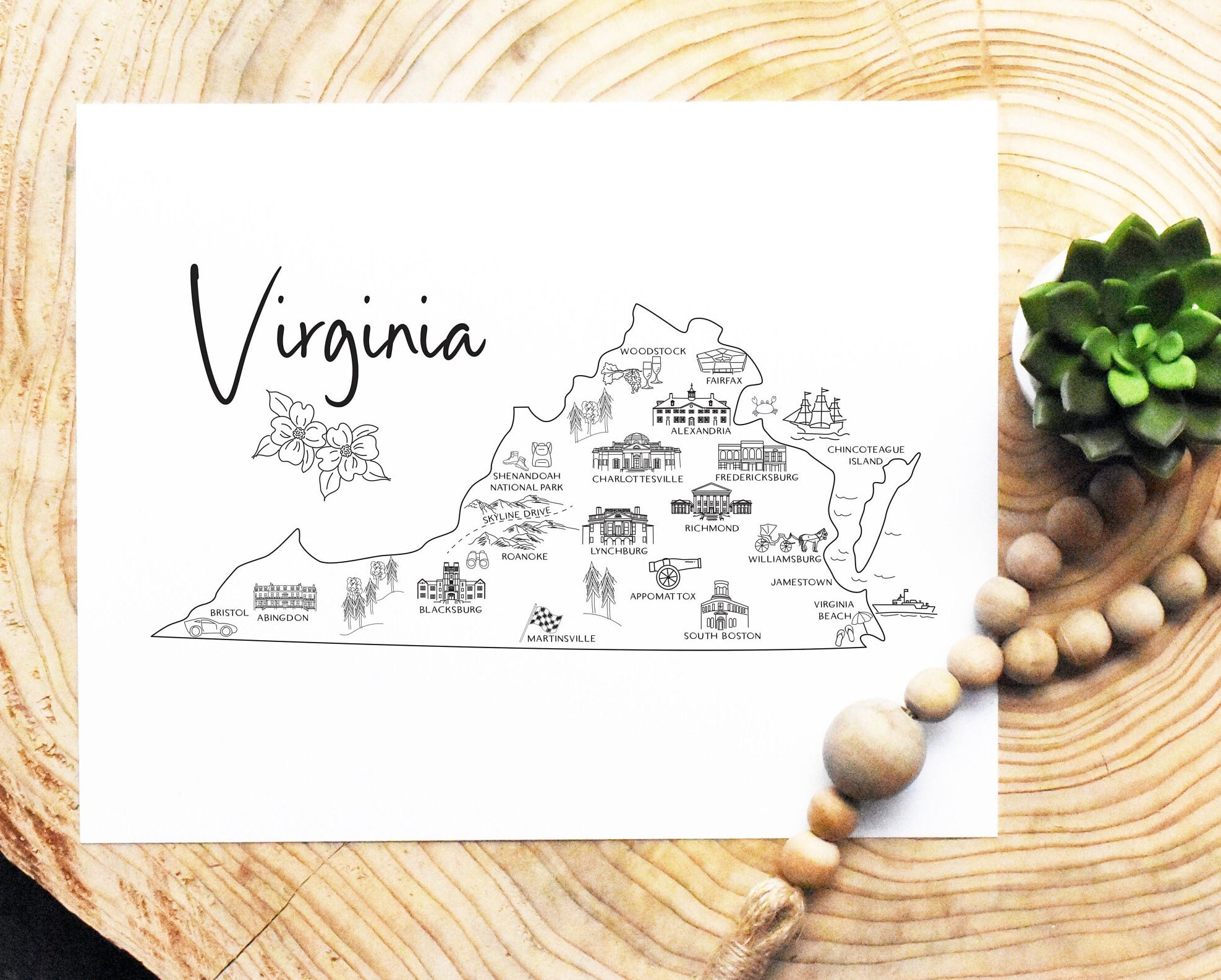 Sketch Print of Virginia - Map and Points of Interest - Etsy