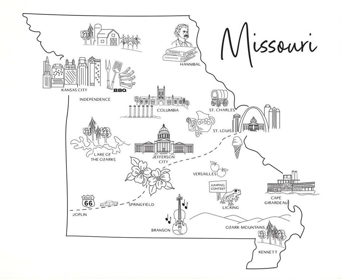 Missouri Map Art Print: Hand-sketched State Landmarks - Etsy
