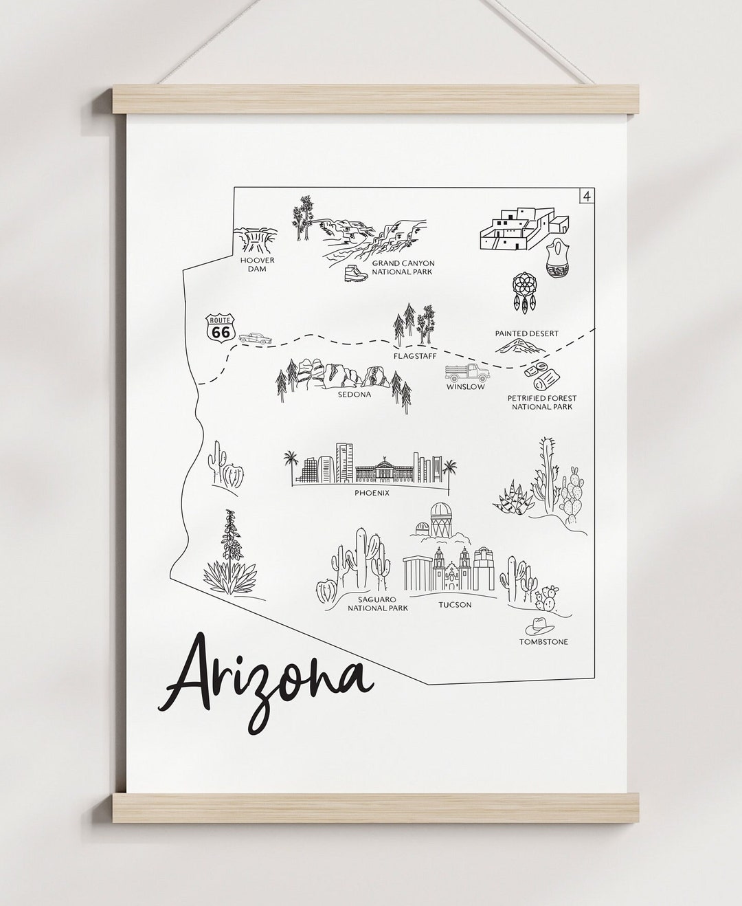 Sketched Map of the State of Arizona With Cities and Points of Interest ...