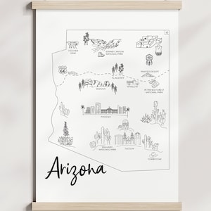 Sketched Map of the State of Arizona With Cities and Points of Interest ...
