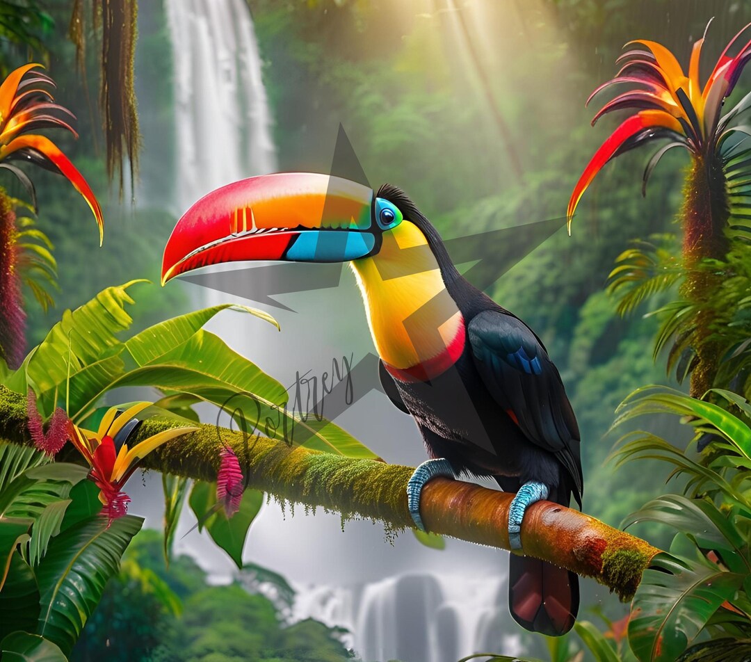 Beautiful Toucan Bird Waterfall Jungle Animal Rain Forest Creature ...