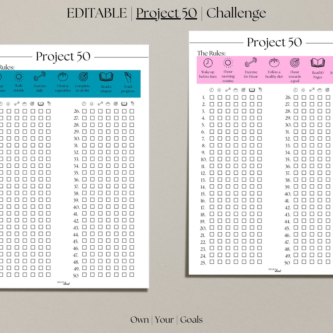 Editable Project 50 Challenge Template | 50-day Habit Tracker | Goal Tracker Printable for ...