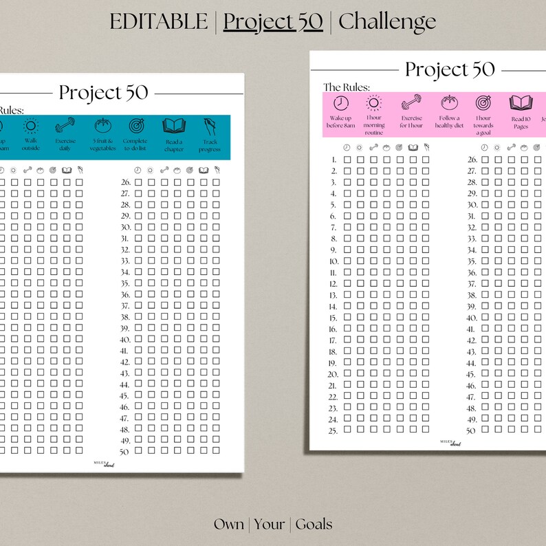 Editable Project 50 Challenge Template | 50-day Habit Tracker | Goal Tracker Printable for ...