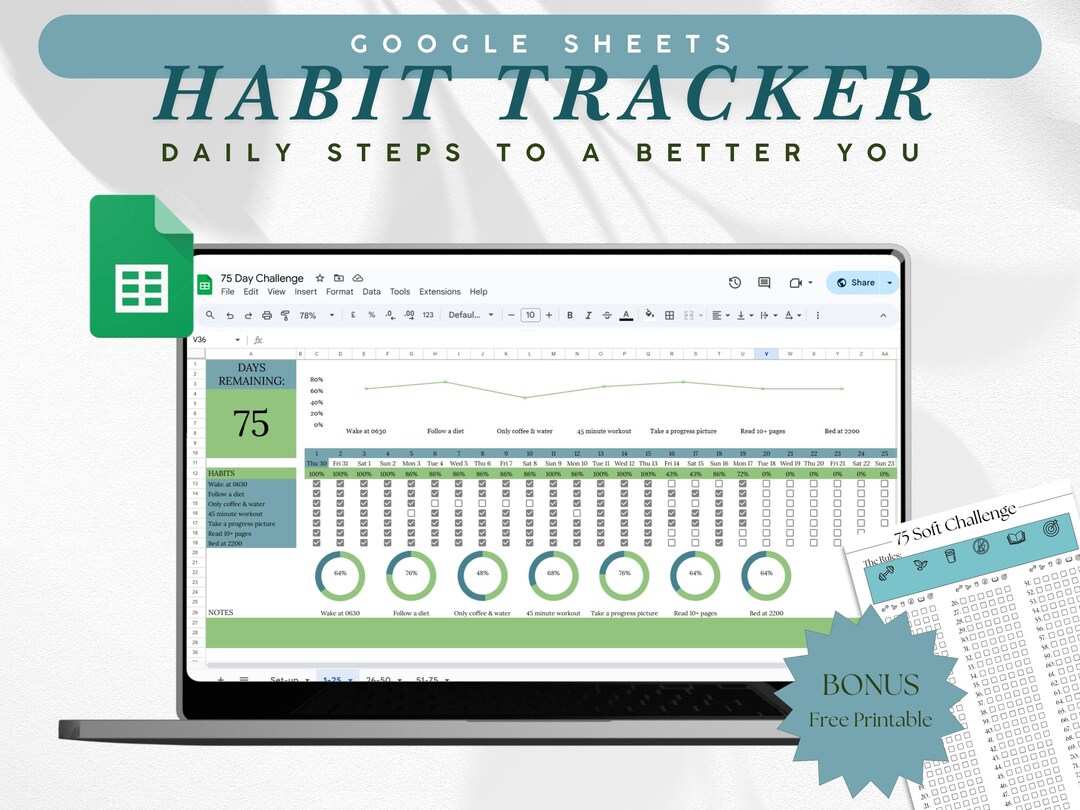 75 Soft Challenge Spreadsheet | 50 Day Habit Tracker | Health ...