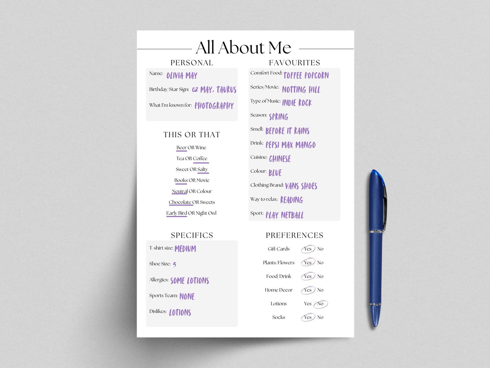 Personalized Employee Survey: All About Me Printable | Favorite Things ...