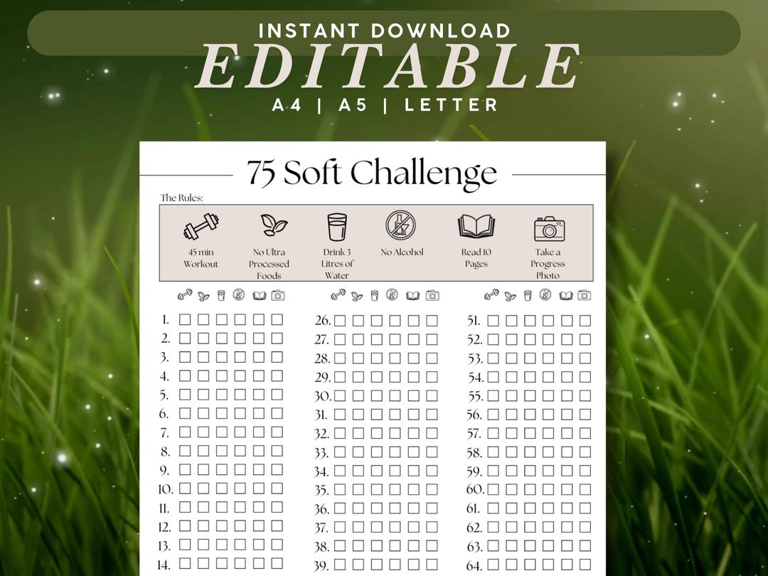 Editable 75 Soft Challenge Tracker | Printable 75 Day Soft Checklist ...