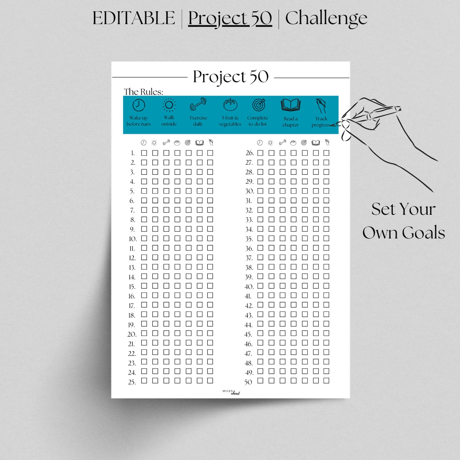Editable Project 50 Challenge Template | 50-day Habit Tracker | Goal ...