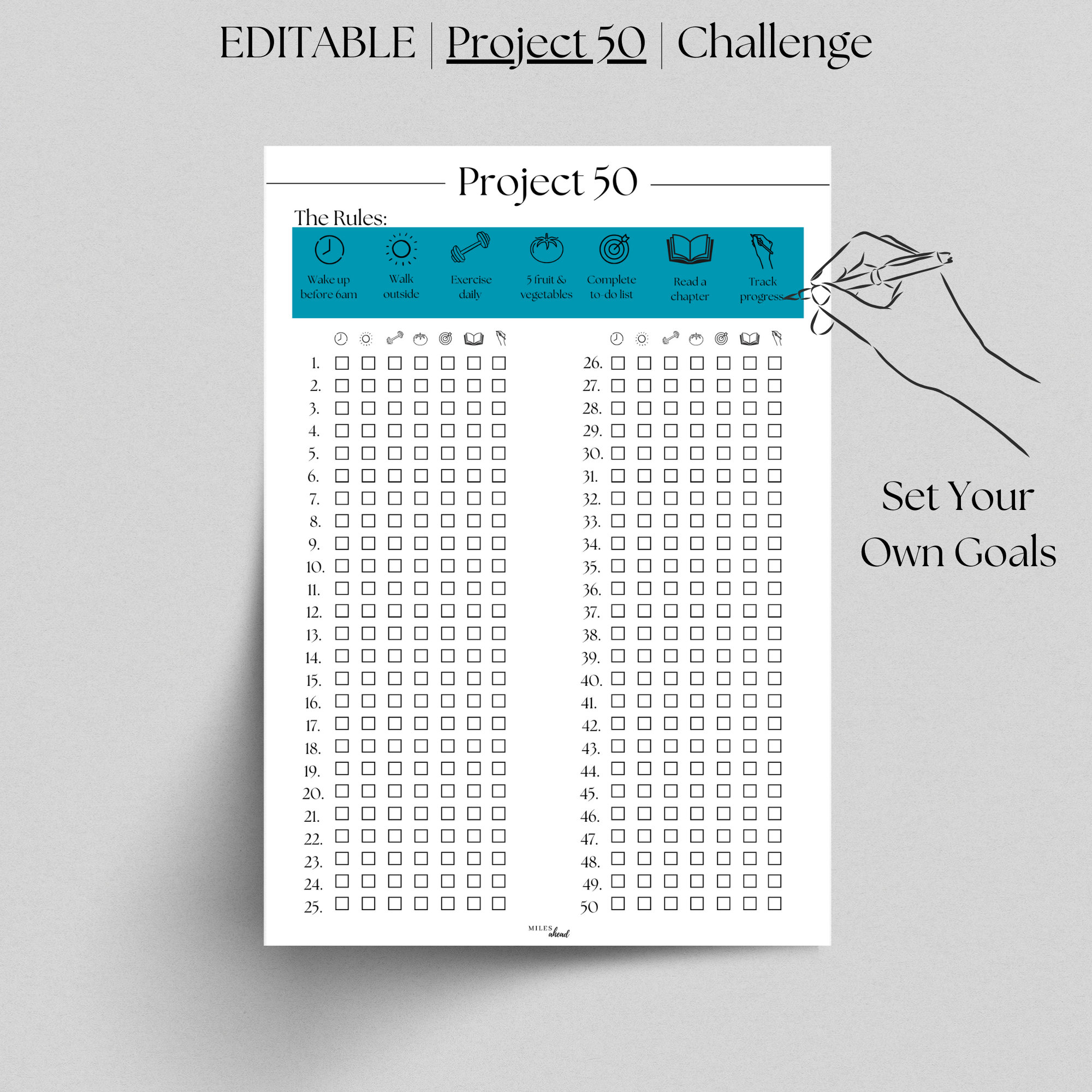 Editable Project 50 Challenge Template | 50-day Habit Tracker | Goal ...