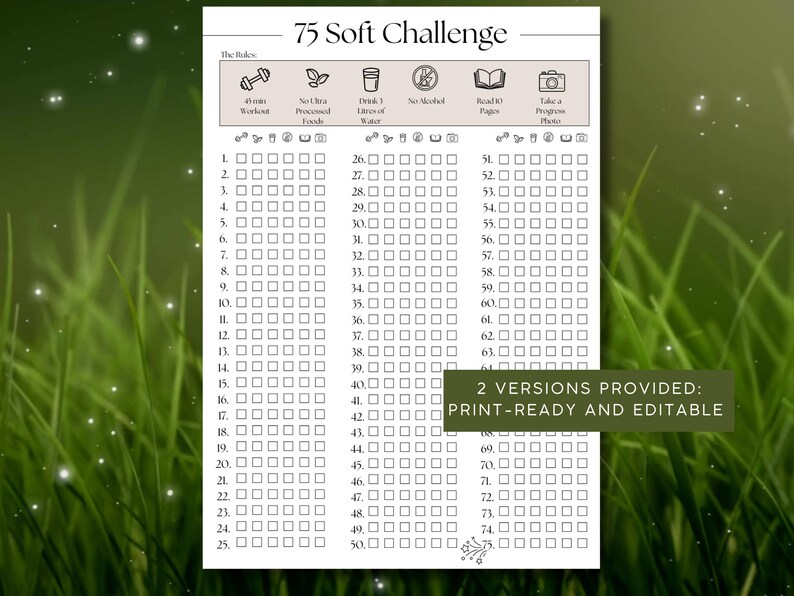 Editable 75 Soft Challenge Tracker | Printable 75 Day Soft Checklist ...