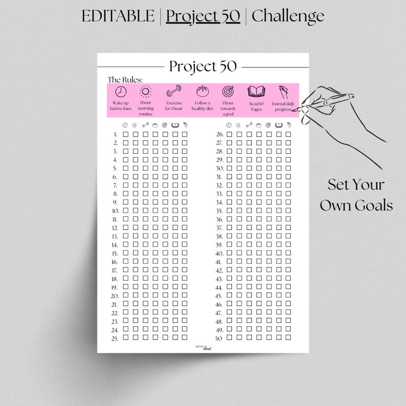 Editable Project 50 Challenge Template | 50-day Habit Tracker | Goal ...